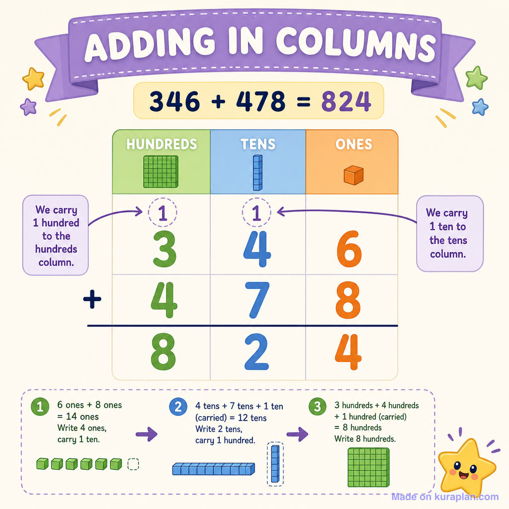 Vertical column addition with carrying (3-digit) — Free Printable ...