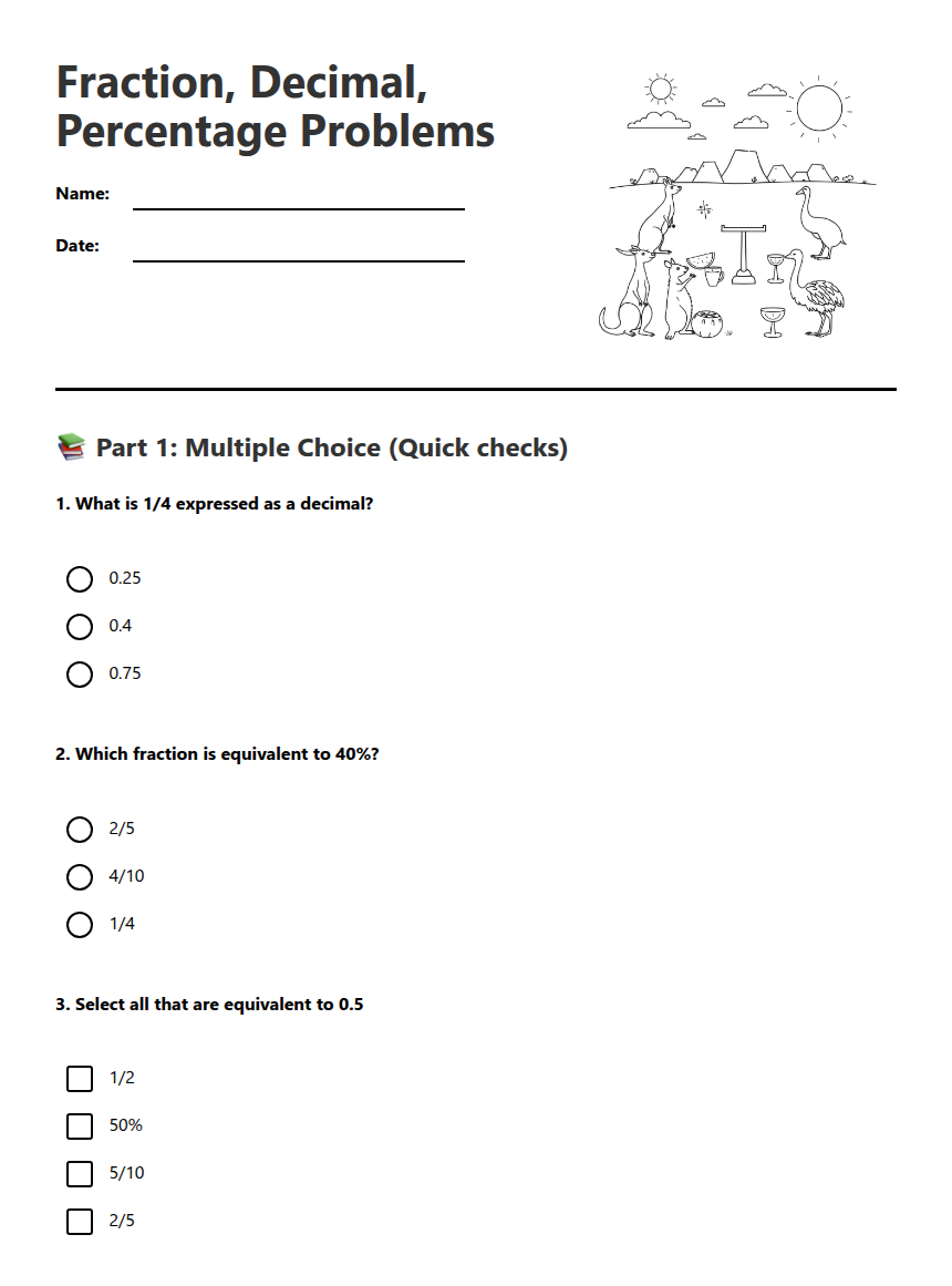 Fraction, Decimal, Percentage Problems — Free Printable Worksheet for ...