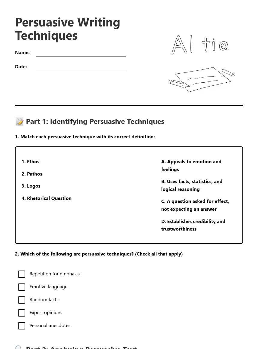 Persuasive Writing Techniques — Free Printable Worksheet for English ...