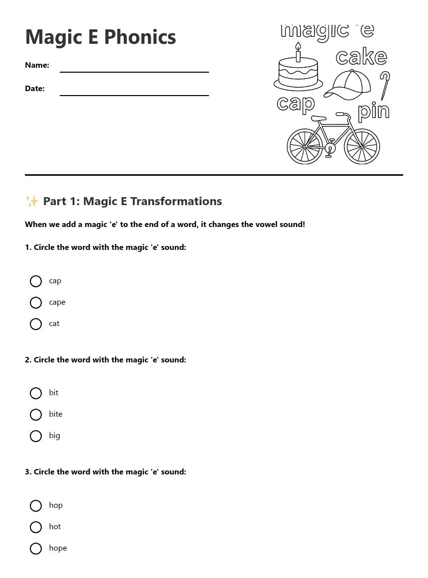 Magic E Phonics — Free Printable Worksheet for English | Kuraplan