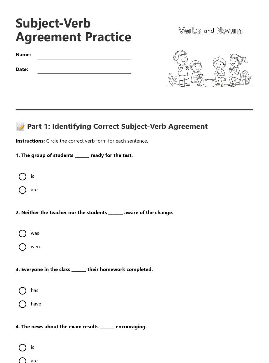 Subject-Verb Agreement Practice — Free Printable Worksheet for English ...