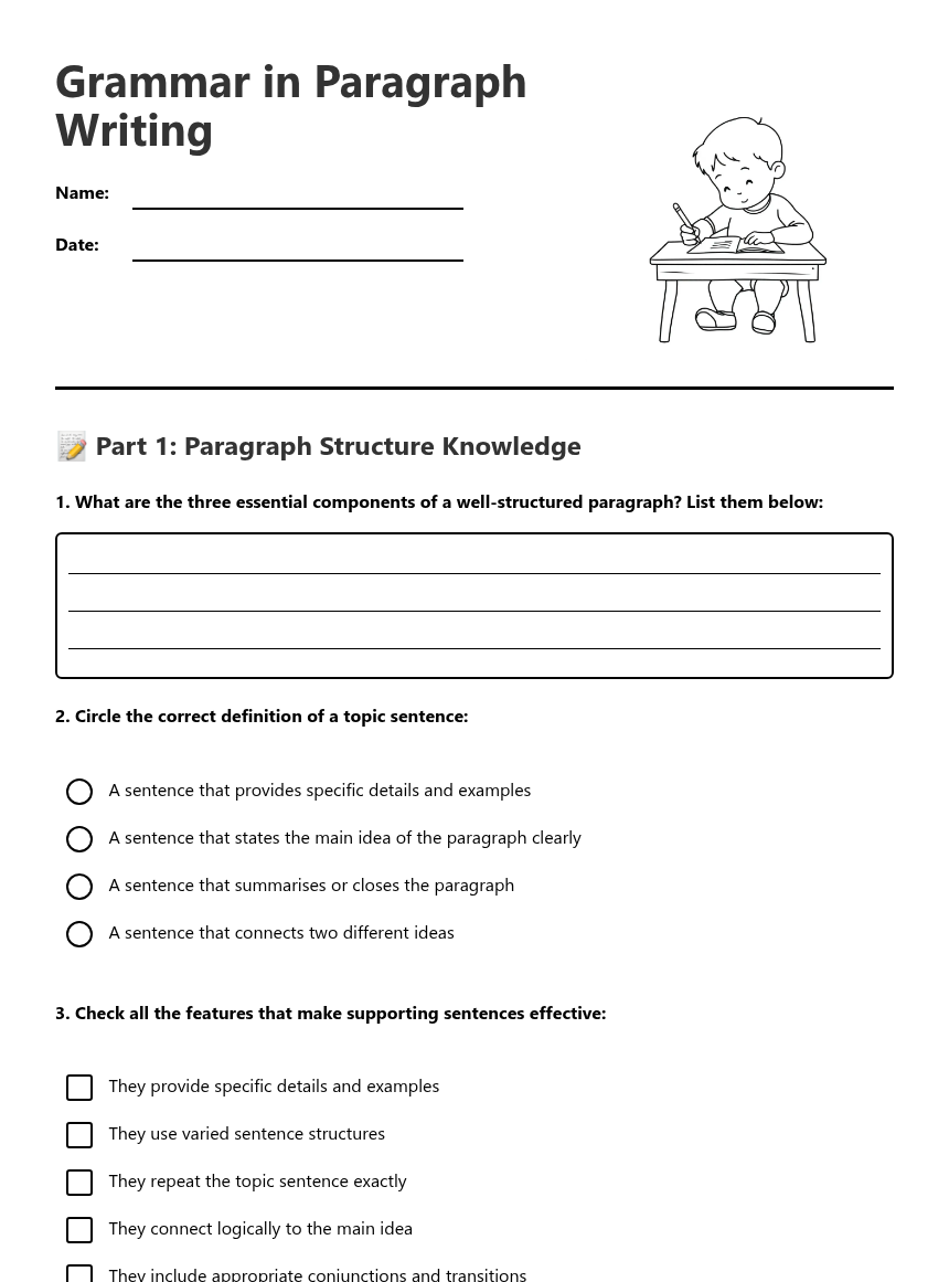 Grammar in Paragraph Writing — Free Printable Worksheet | Kuraplan