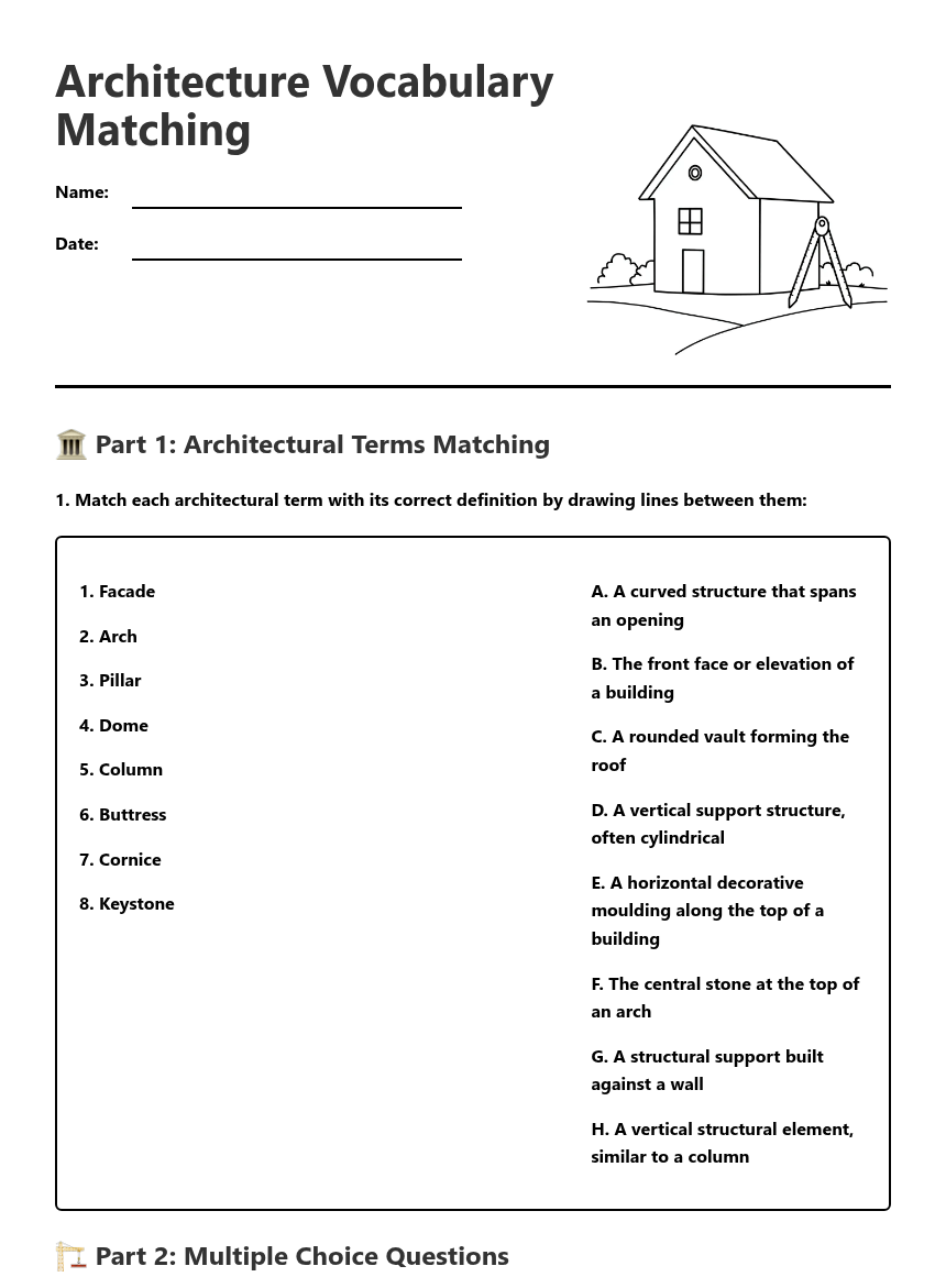 Architecture Vocabulary Matching — Free Printable Worksheet for Social ...
