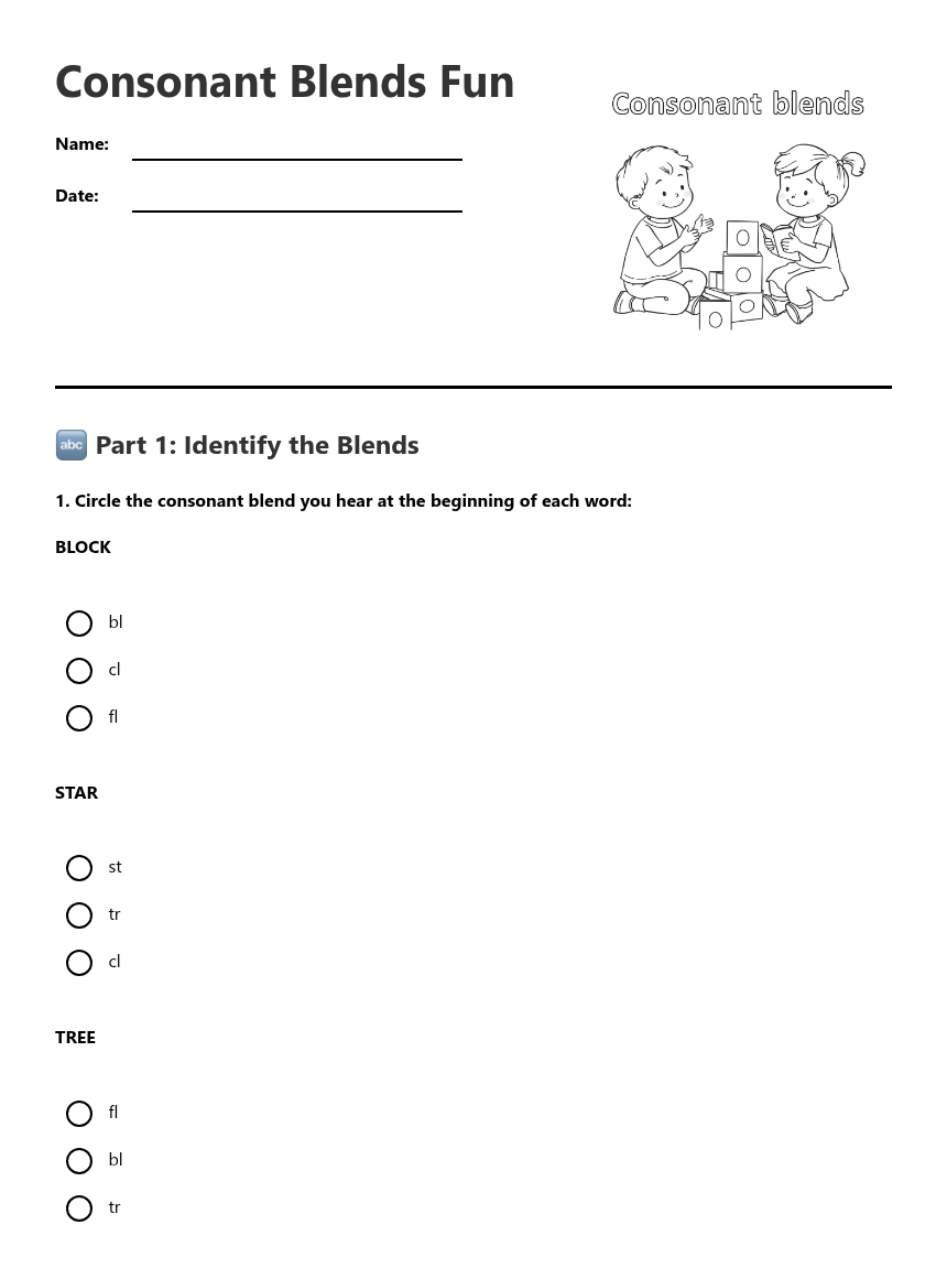 Consonant Blends Fun — Free Printable Worksheet for English | Kuraplan