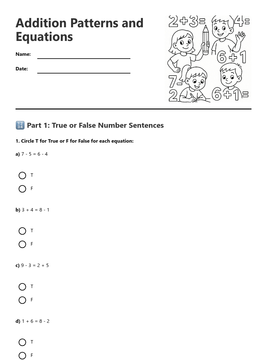 Addition Patterns and Equations — Free Printable Worksheet | Kuraplan