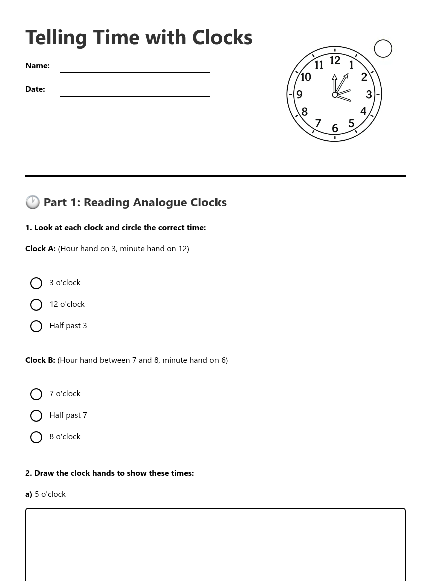 Telling Time with Clocks — Free Printable Worksheet | Kuraplan