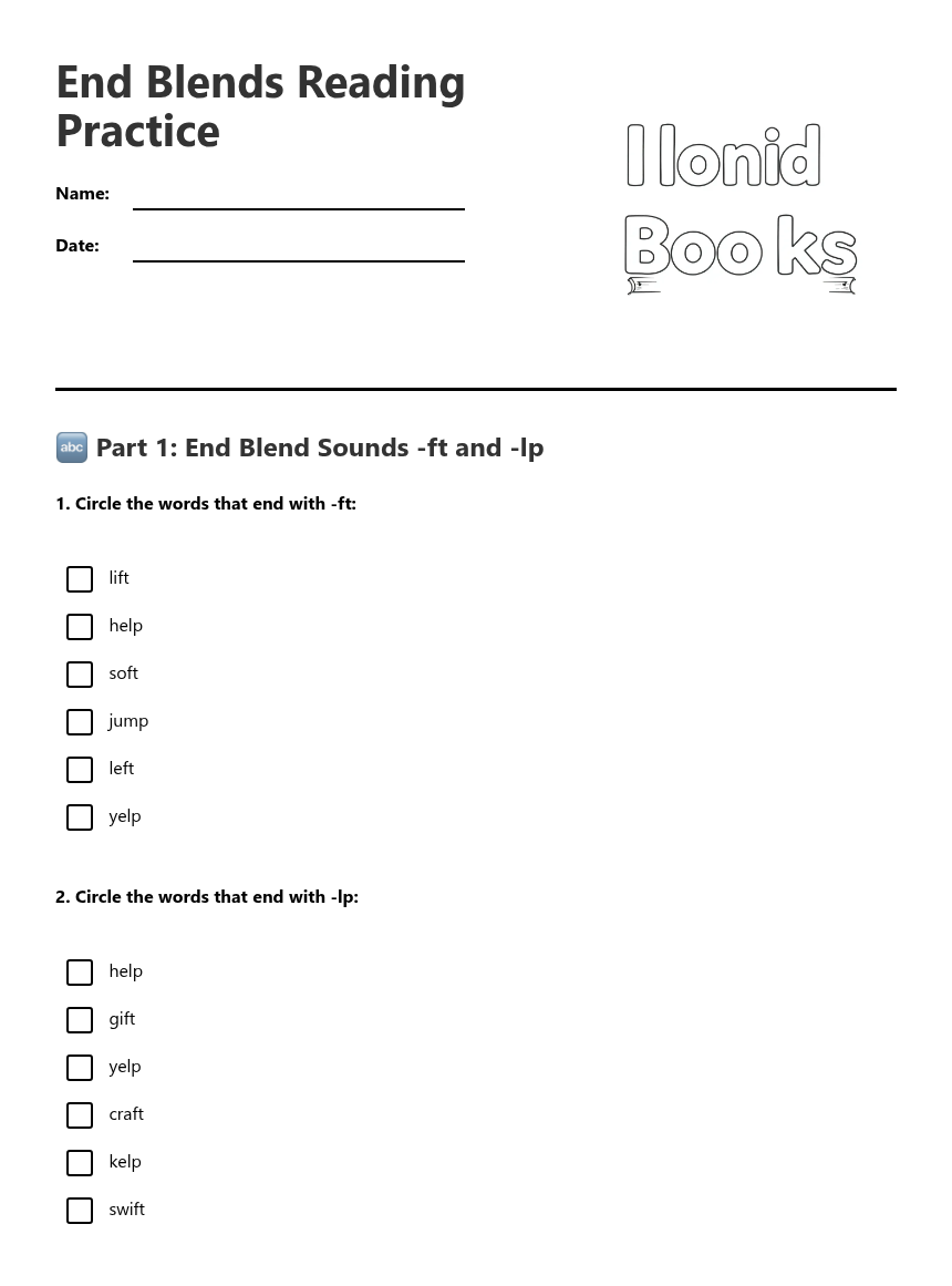 End Blends Reading Practice — Free Printable Worksheet for English ...
