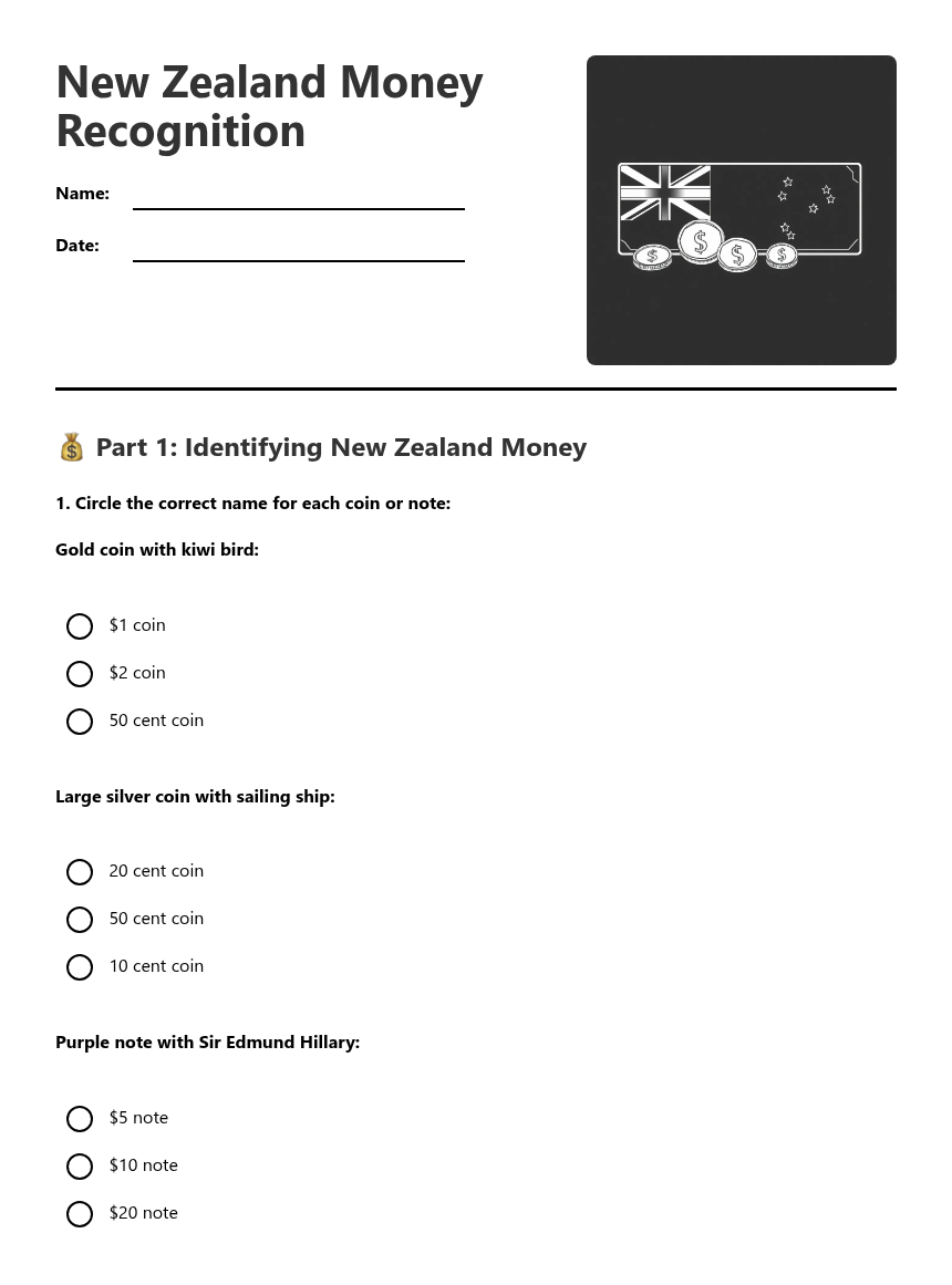 New Zealand Money Recognition — Free Printable Worksheet | Kuraplan