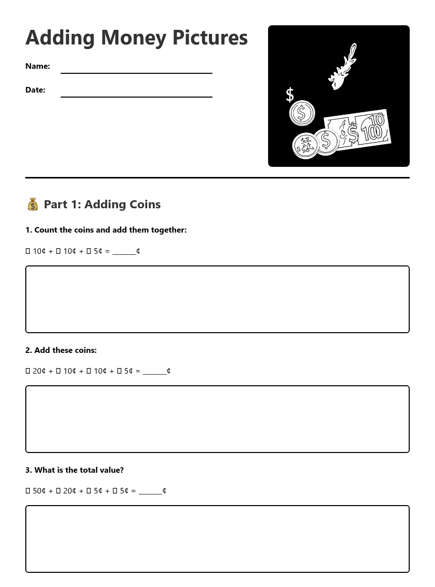 Adding Money Pictures — Free Printable Worksheet | Kuraplan