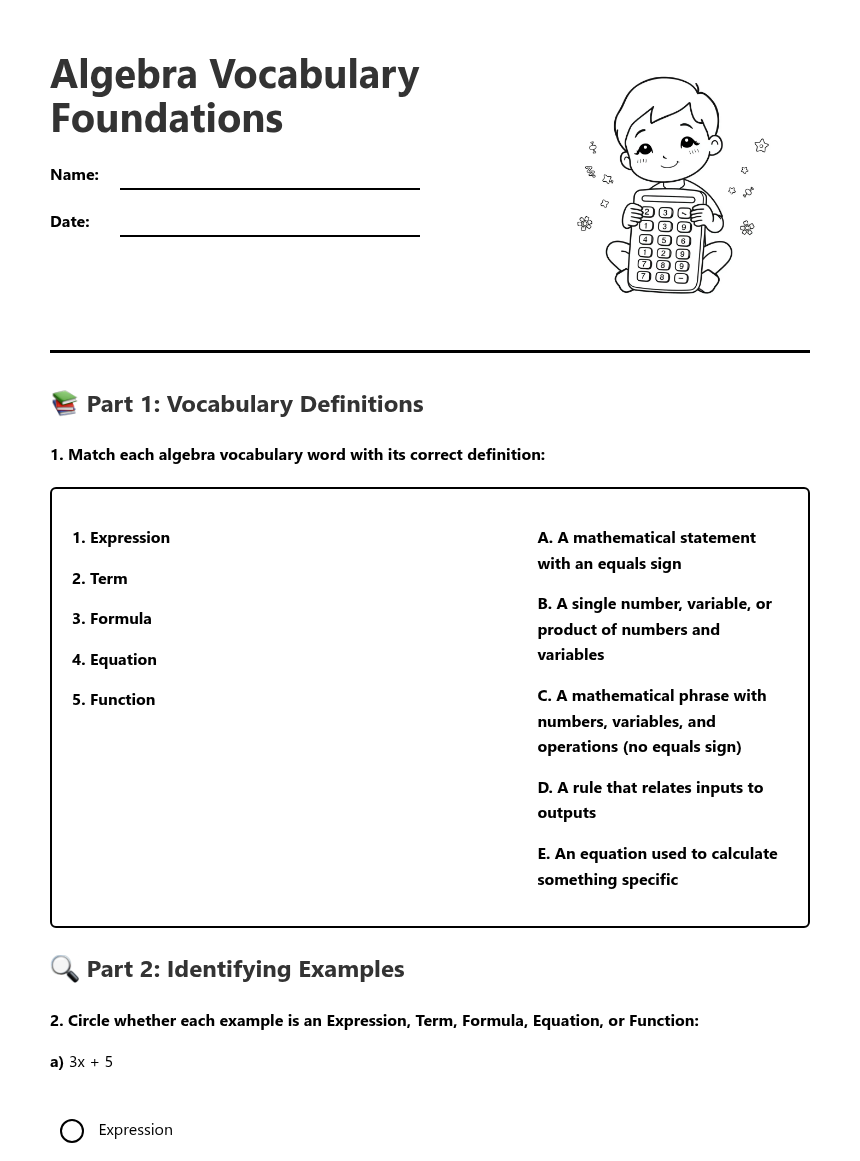 Algebra Vocabulary Foundations — Free Printable Worksheet | Kuraplan