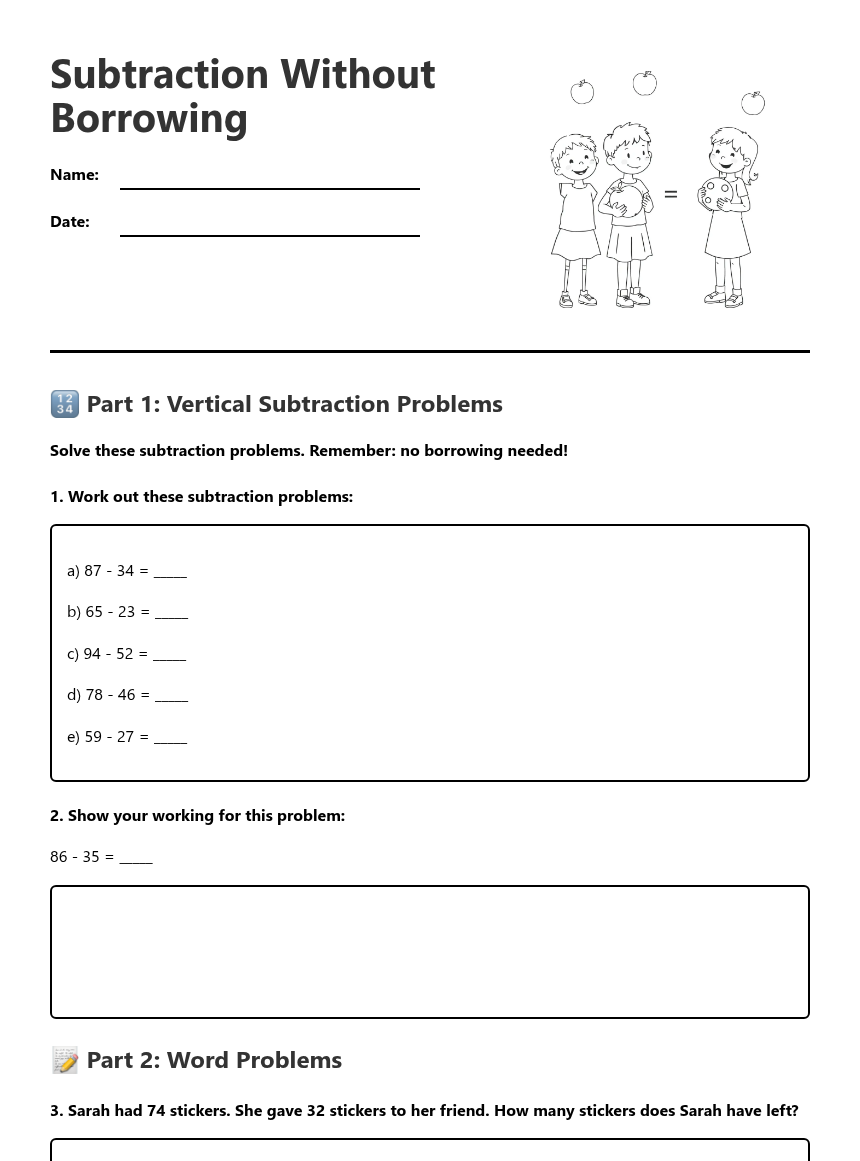 Subtraction Without Borrowing — Free Printable Worksheet for Maths ...