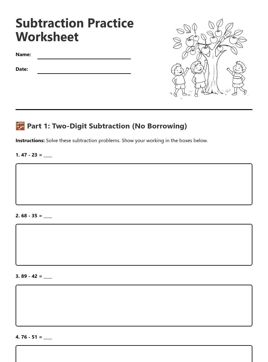 Subtraction Practice Worksheet — Free Printable Worksheet | Kuraplan