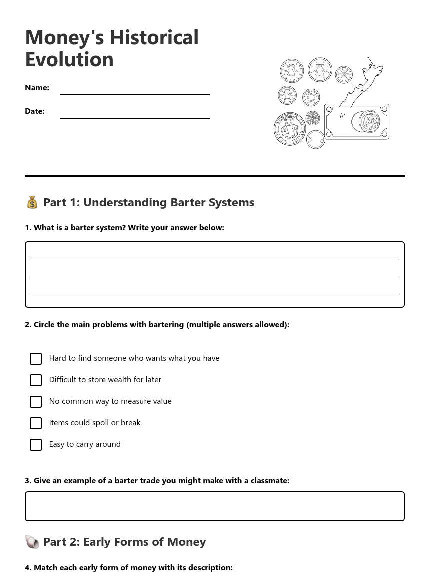 Money's Historical Evolution — Free Printable Worksheet | Kuraplan