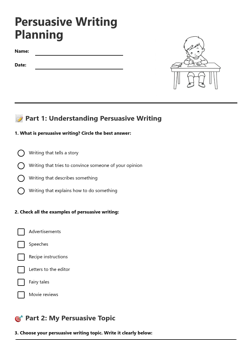 Persuasive Writing Planning — Free Printable Worksheet for English ...