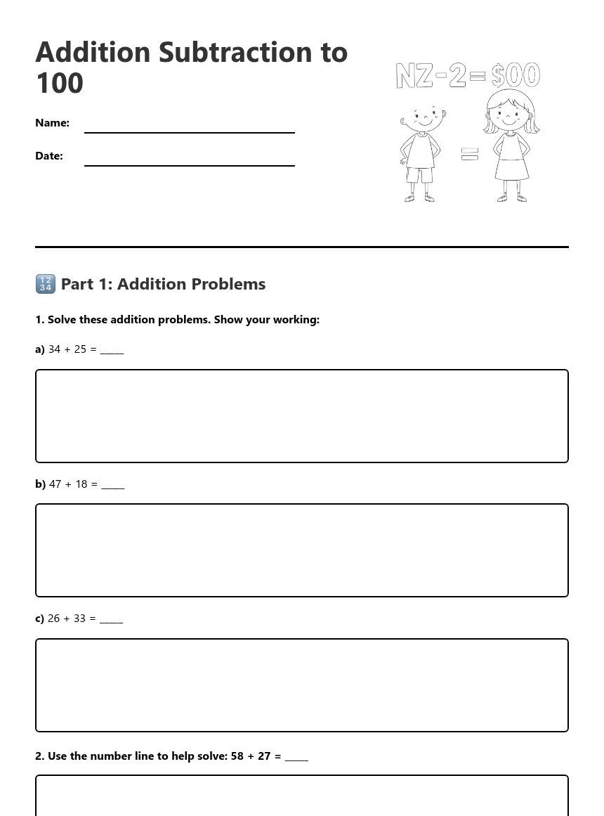 Addition Subtraction to 100 — Free Printable Worksheet | Kuraplan