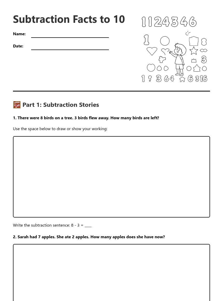 Subtraction Facts to 10 — Free Printable Worksheet | Kuraplan