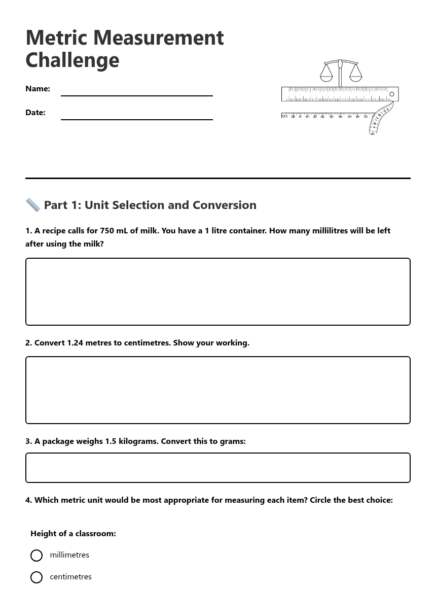 Metric Measurement Challenge — Free Printable Worksheet for Maths ...