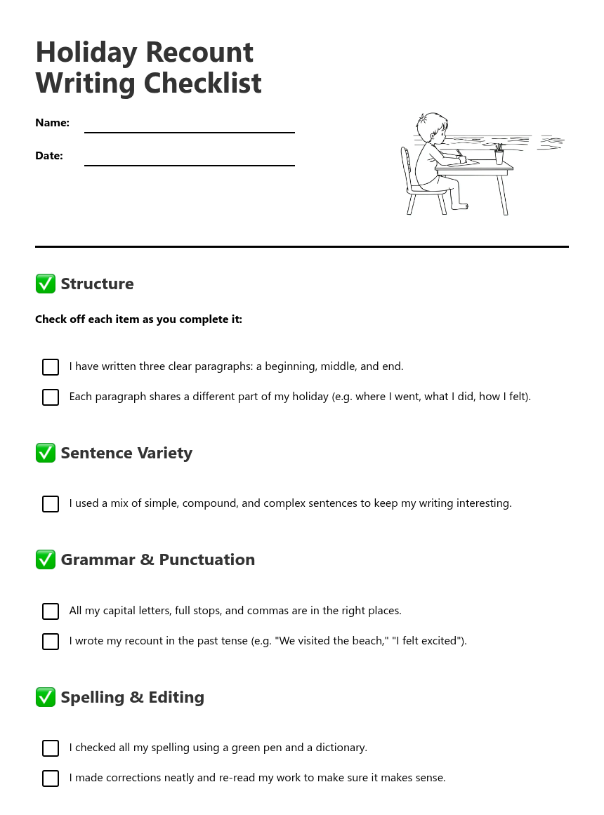Holiday Recount Writing Checklist — Free Printable Worksheet for ...