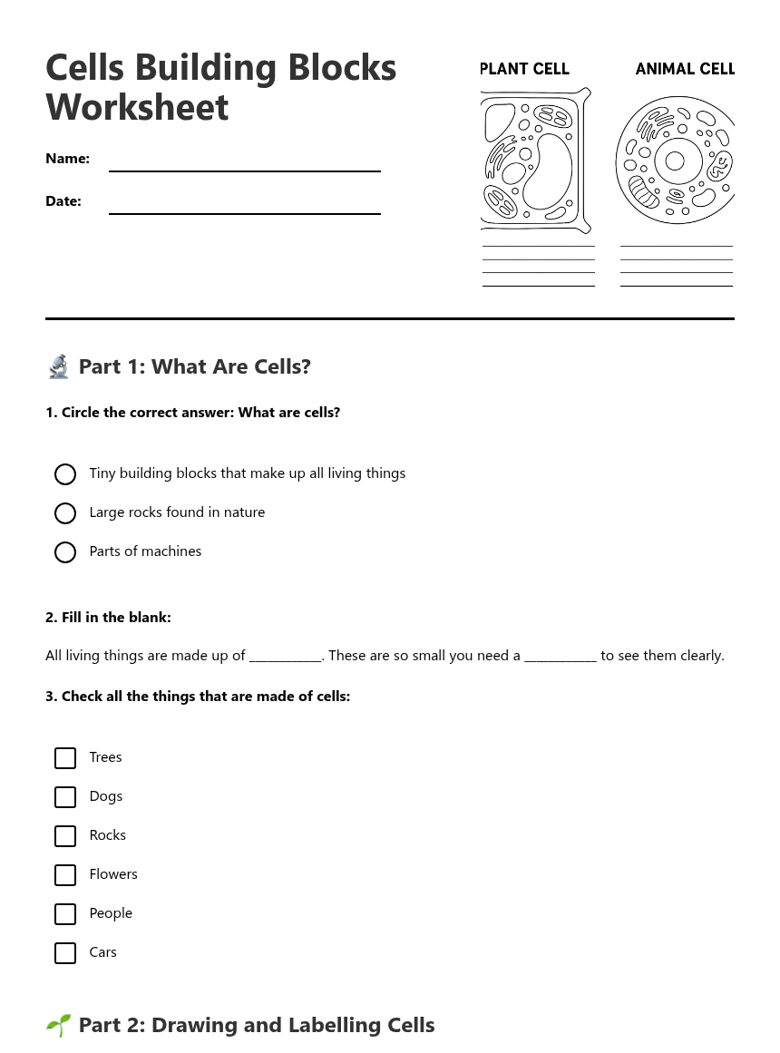 Cells Building Blocks Worksheet — Free Printable Worksheet for Science ...