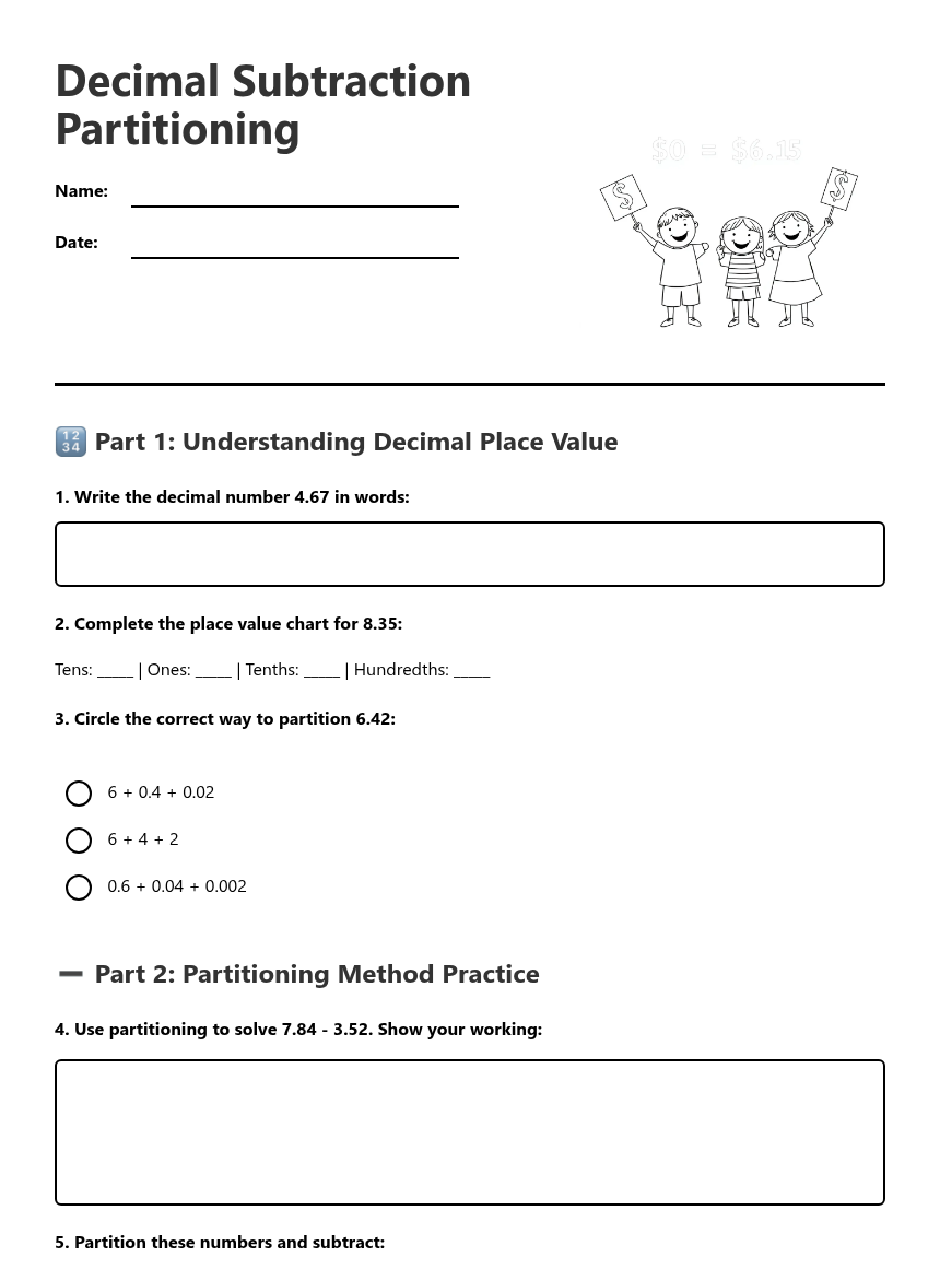 Decimal Subtraction Partitioning — Free Printable Worksheet | Kuraplan