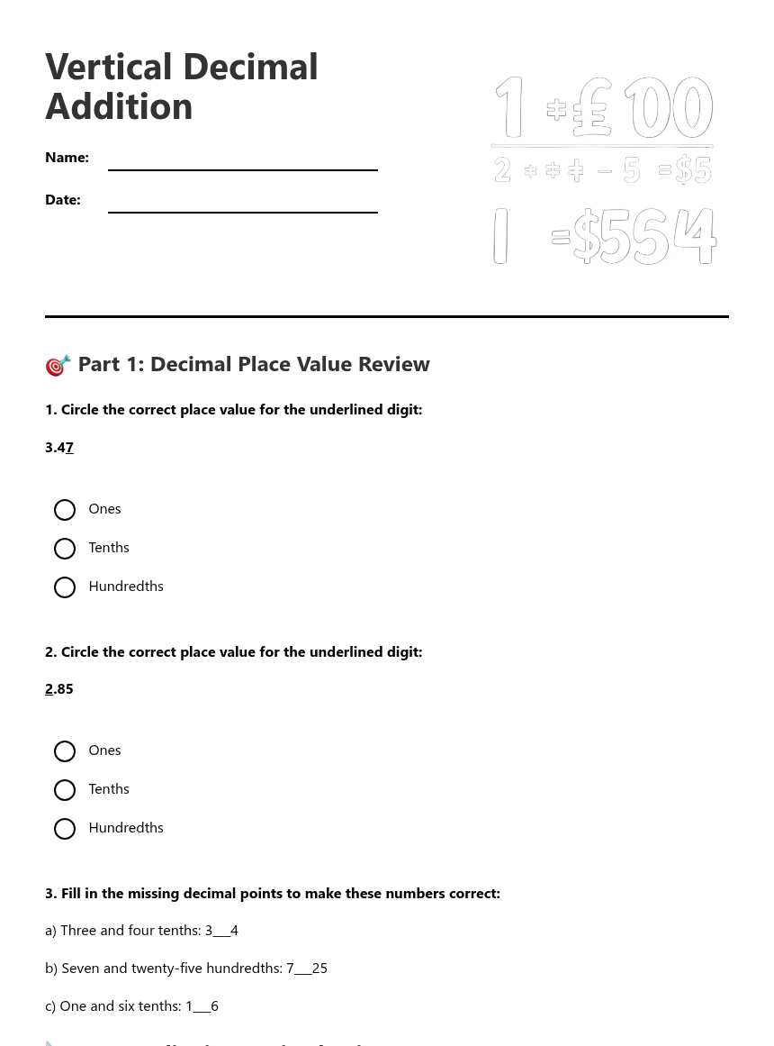 Vertical Decimal Addition — Free Printable Worksheet for Maths | Kuraplan