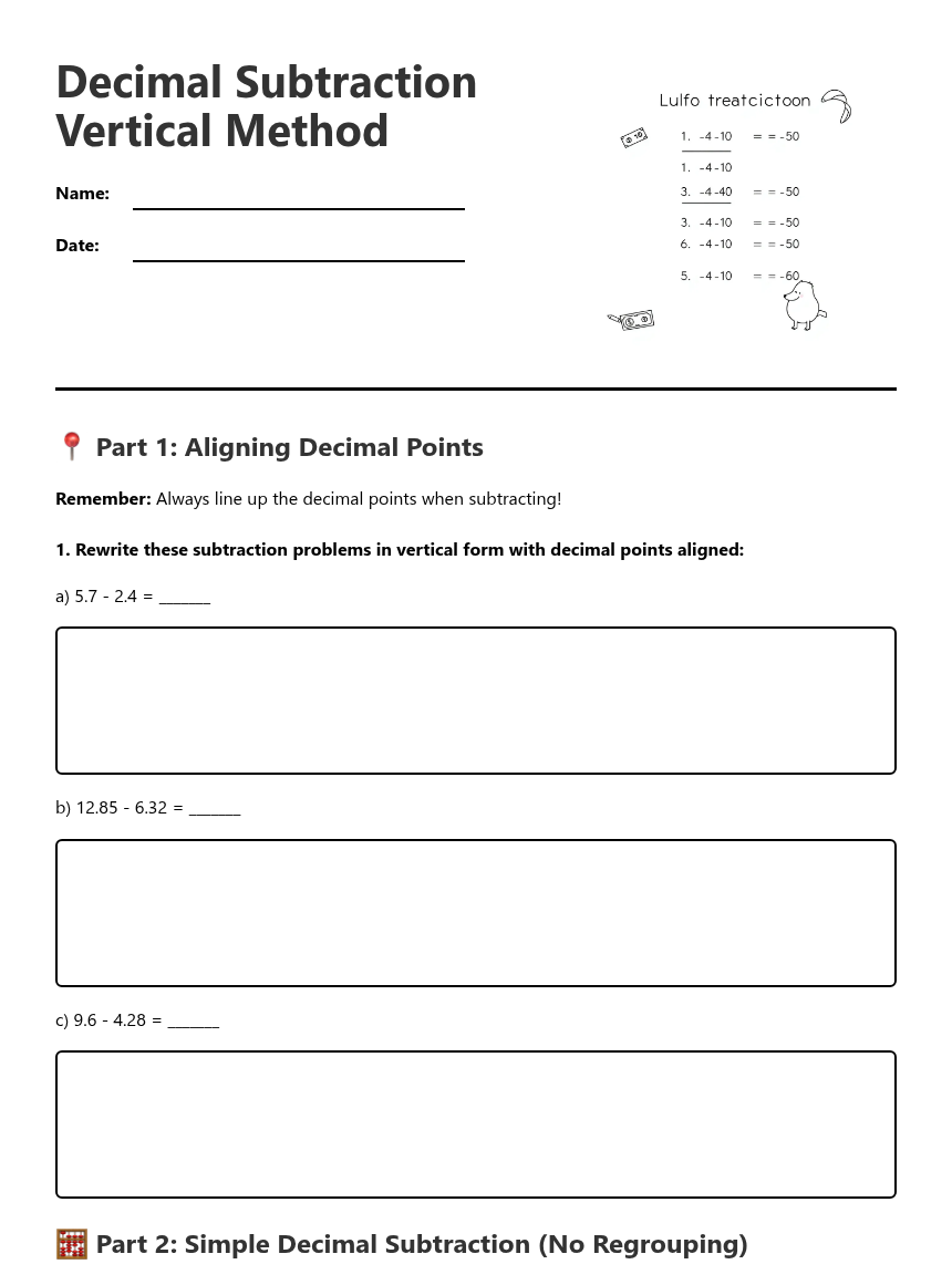 Decimal Subtraction Vertical Method — Free Printable Worksheet for ...