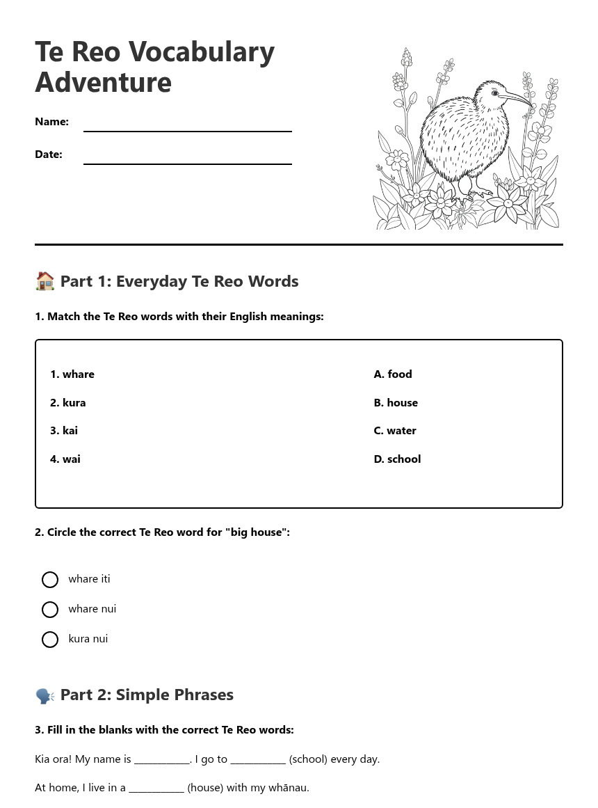 Te Reo Vocabulary Adventure — Free Printable Worksheet for Languages ...