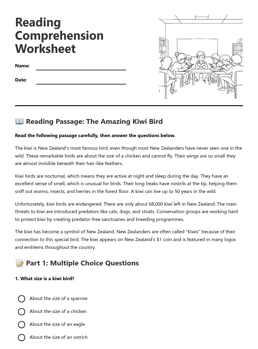Reading Comprehension Worksheet — Free Printable Worksheet for English ...