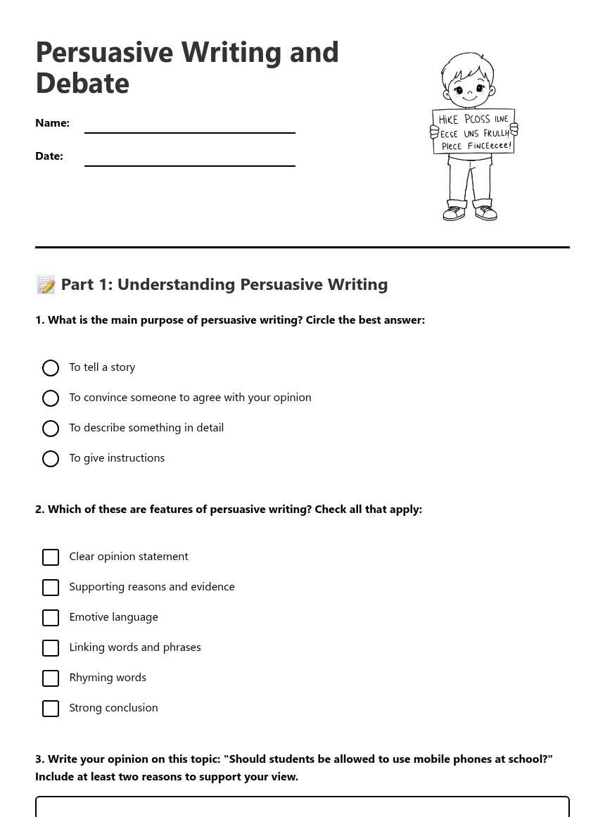 Persuasive Writing and Debate — Free Printable Worksheet for English ...