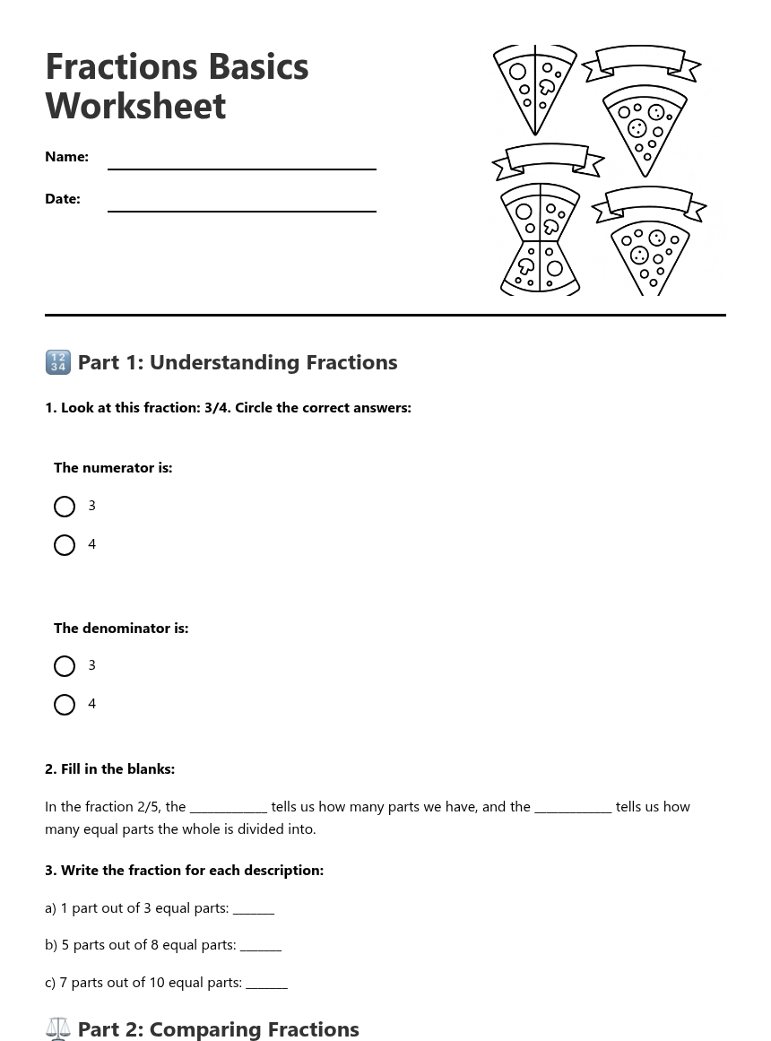 Fractions Basics Worksheet — Free Printable Worksheet for Maths | Kuraplan