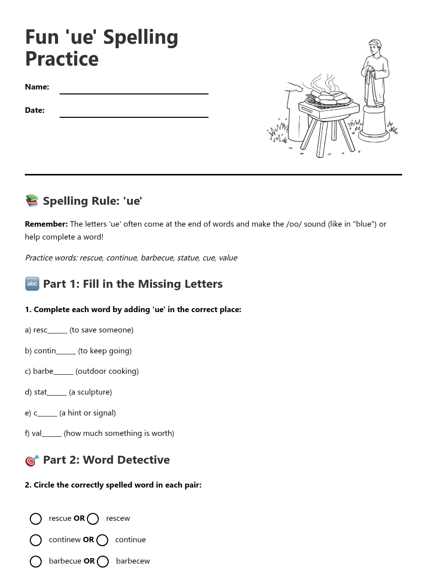 Fun 'ue' Spelling Practice — Free Printable Worksheet | Kuraplan