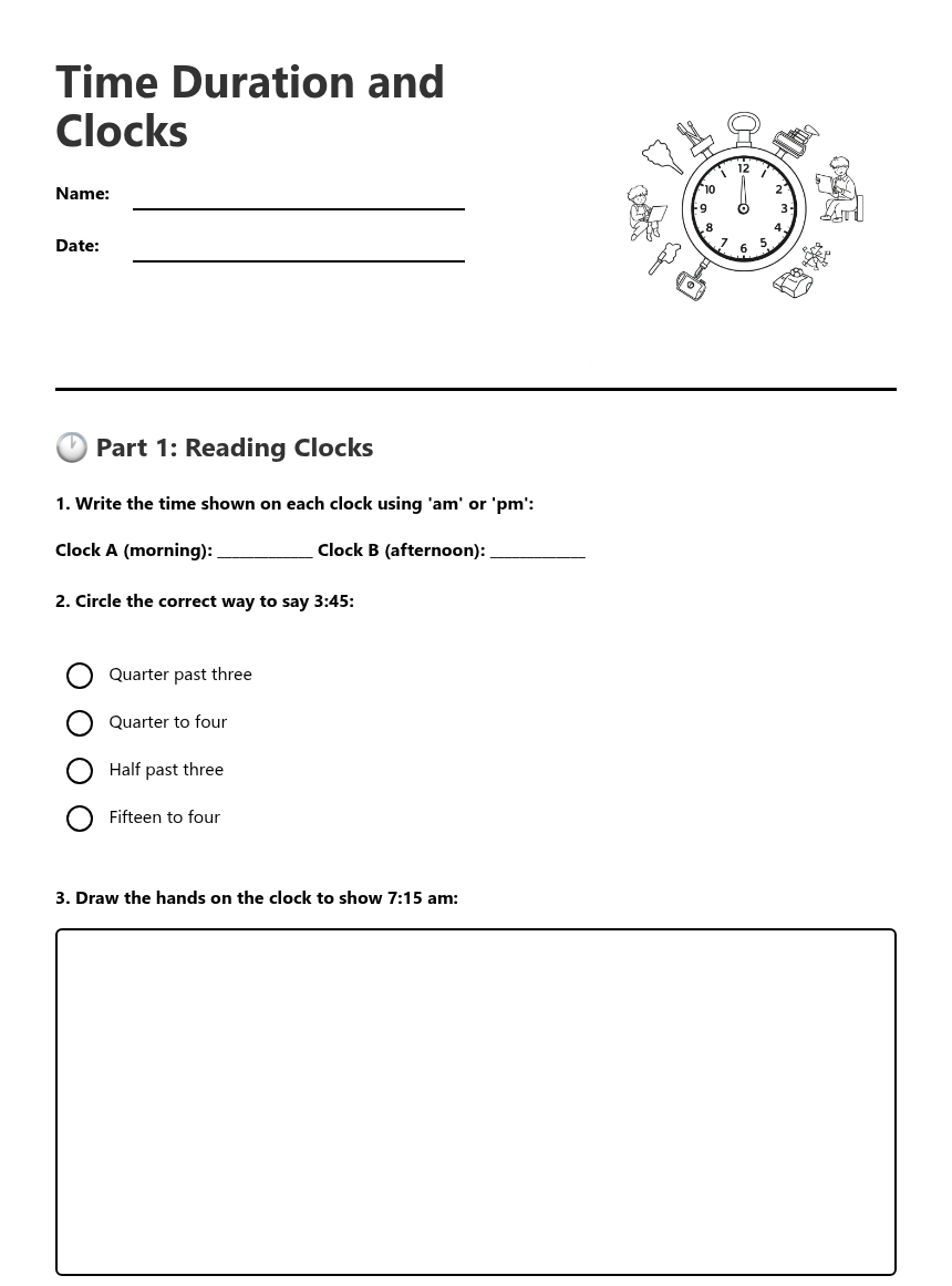 Time Duration and Clocks — Free Printable Worksheet for Maths | Kuraplan