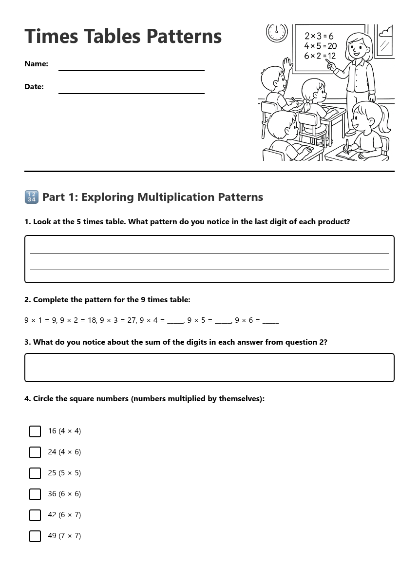 Times Tables Patterns — Free Printable Worksheet for Maths | Kuraplan
