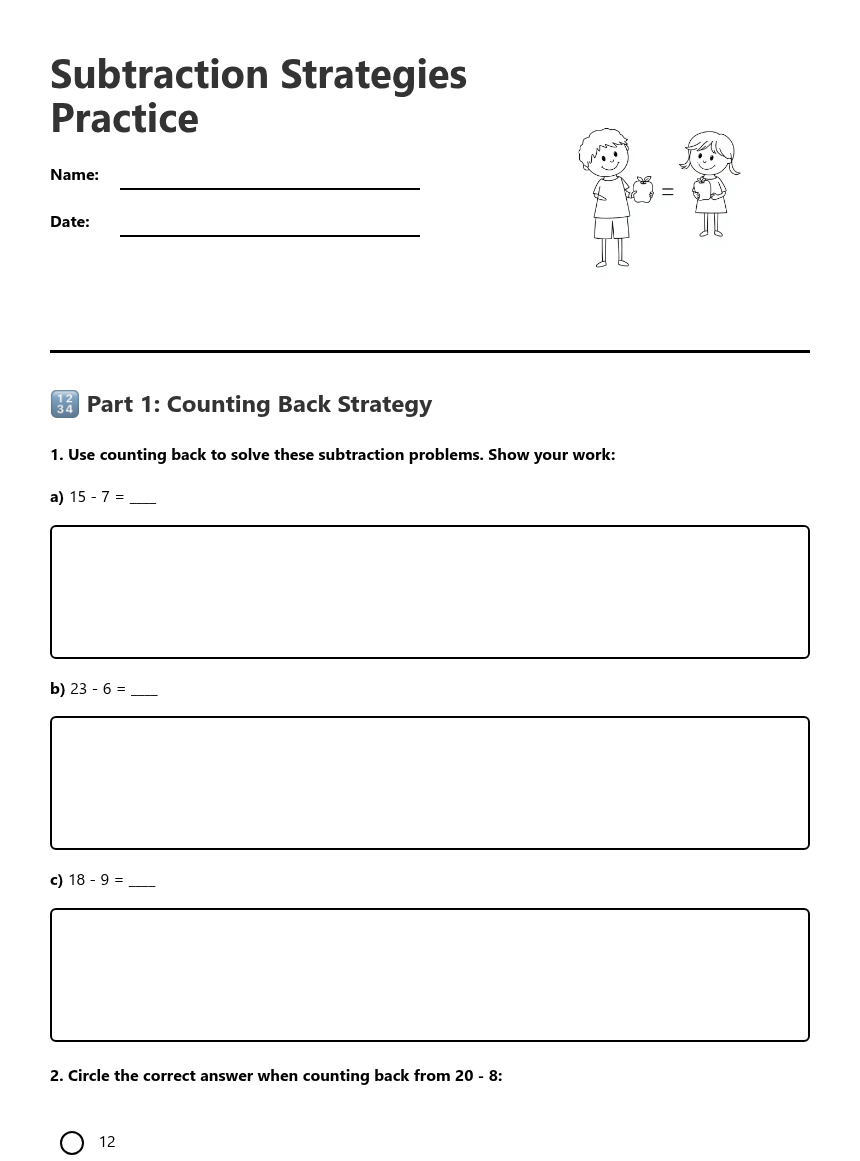 Subtraction Strategies Practice — Free Printable Worksheet for Maths ...