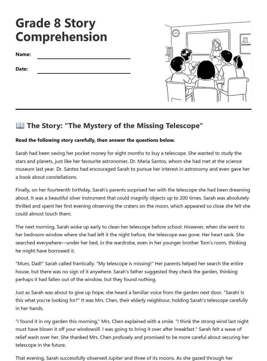 Grade 8 Story Comprehension — Free Printable Worksheet | Kuraplan