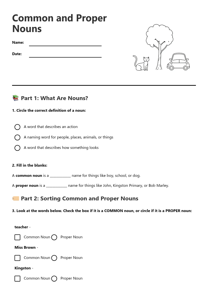 Common and Proper Nouns — Free Printable Worksheet for English | Kuraplan