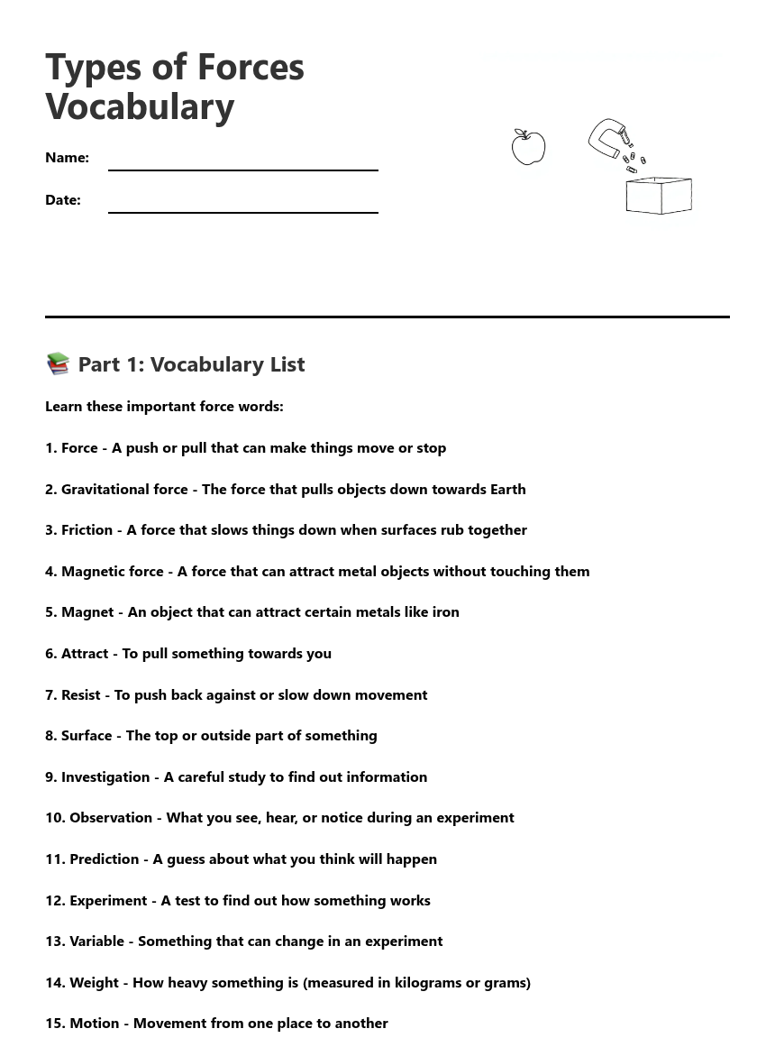 Types of Forces Vocabulary — Free Printable Worksheet for Science ...