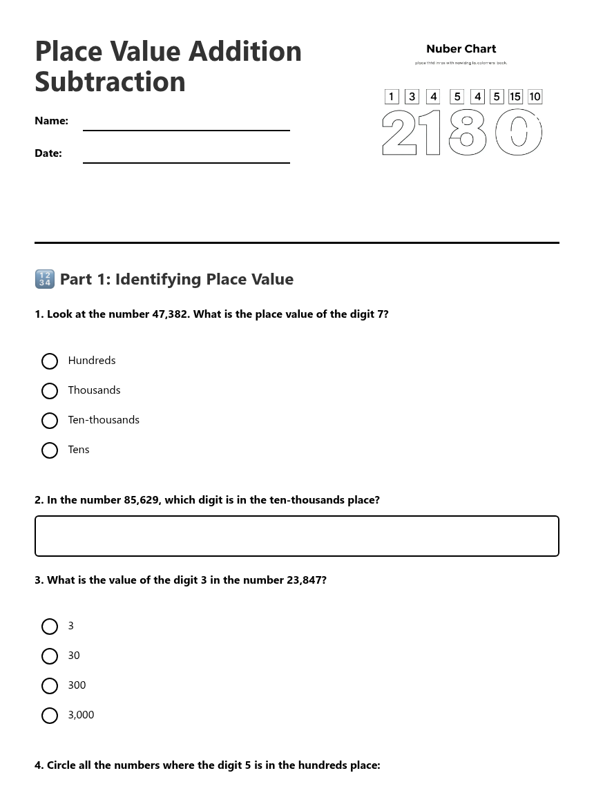 Place Value Addition Subtraction — Free Printable Worksheet for Maths ...