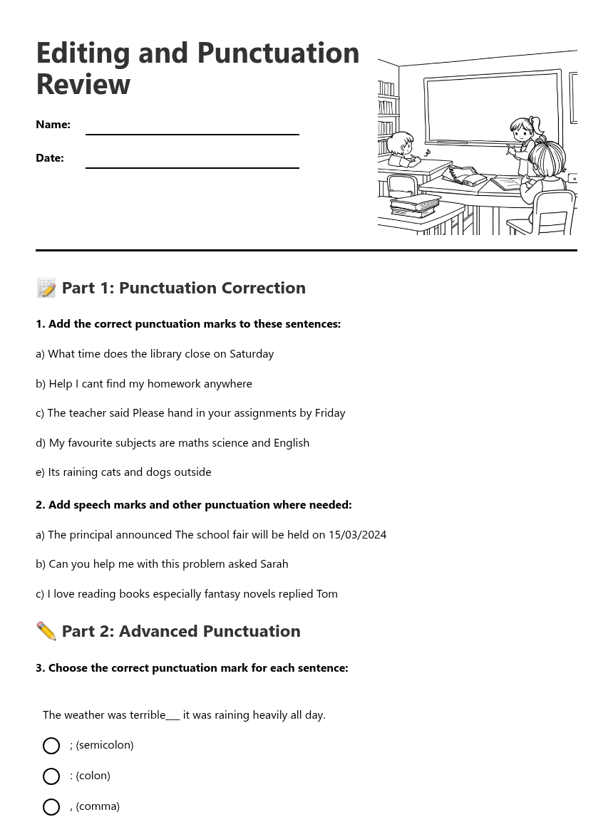 Editing and Punctuation Review — Free Printable Worksheet for English ...