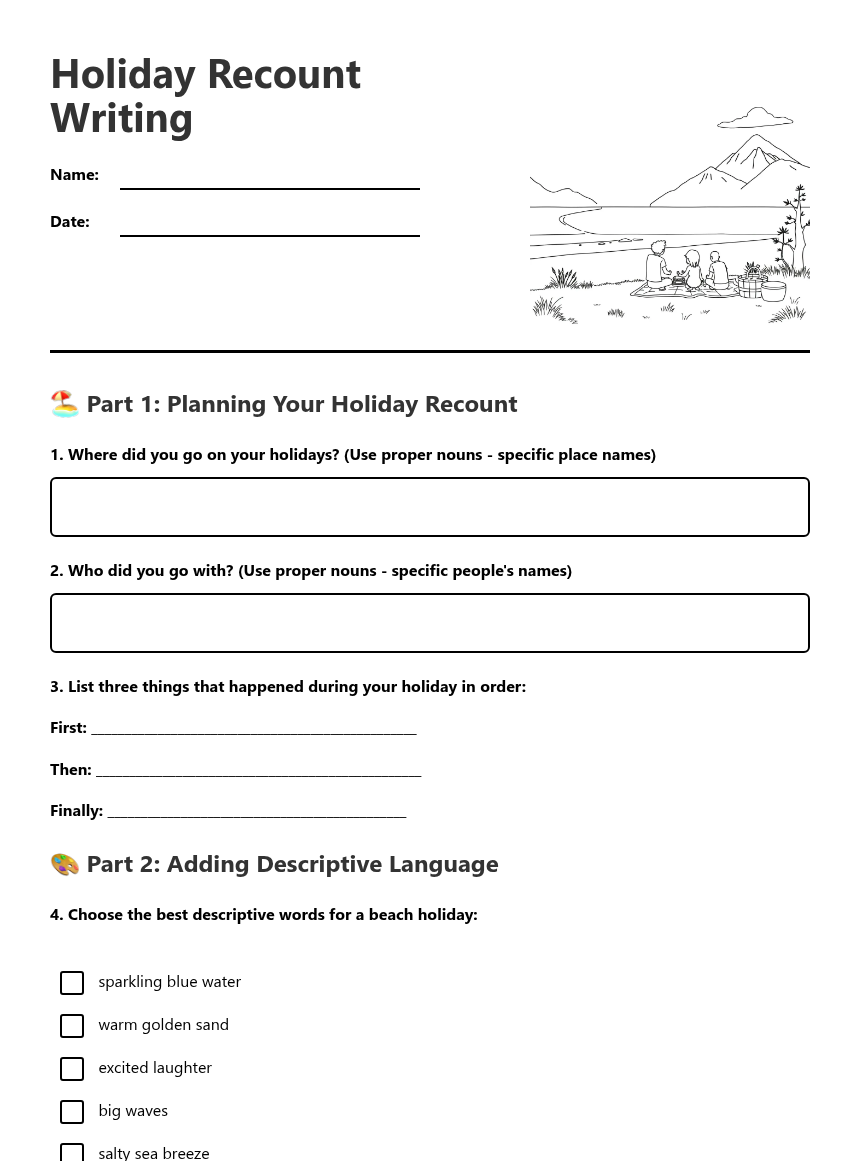 Holiday Recount Writing — Free Printable Worksheet for English | Kuraplan