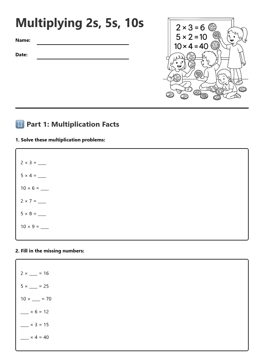 Multiplying 2s, 5s, 10s — Free Printable Worksheet for Maths | Kuraplan