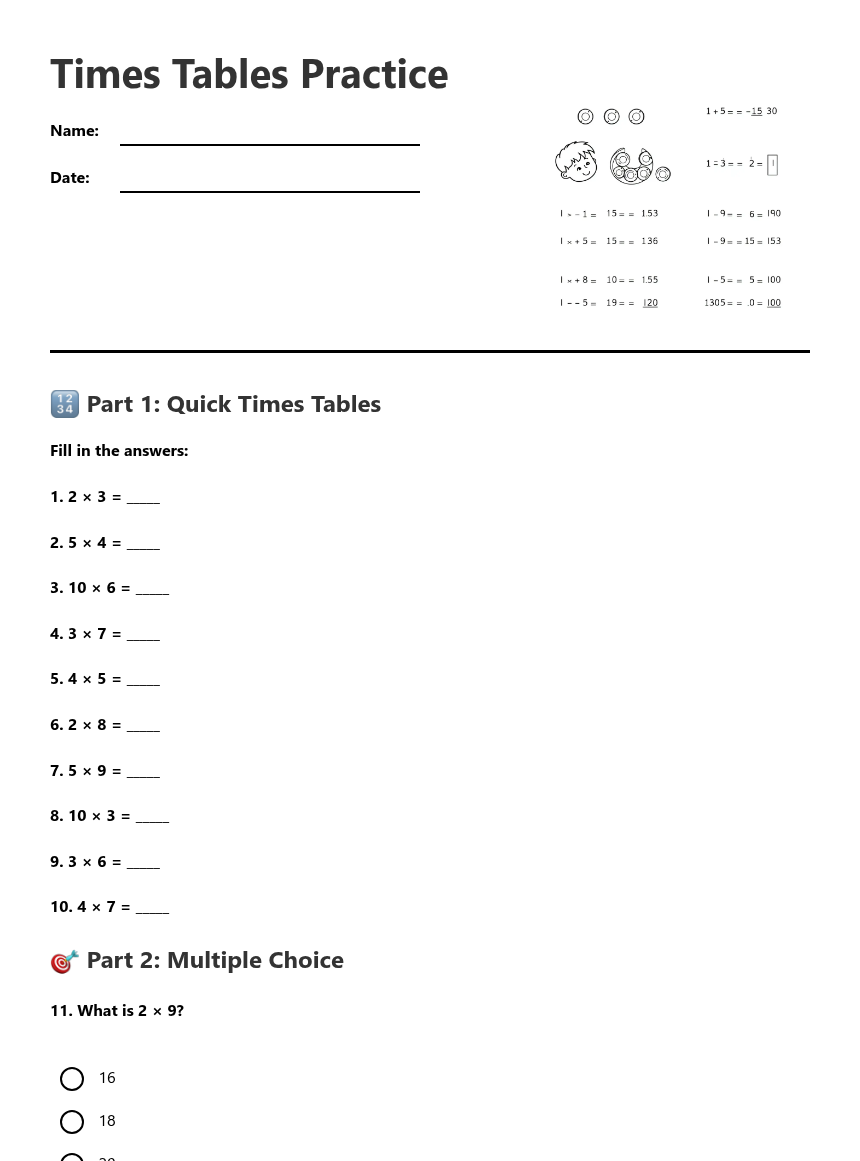Times Tables Practice — Free Printable Worksheet for Maths | Kuraplan
