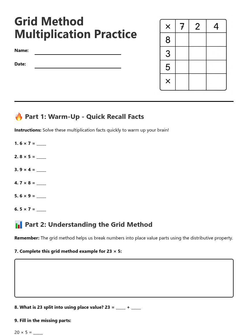 Grid Method Multiplication Practice — Free Printable Worksheet for ...