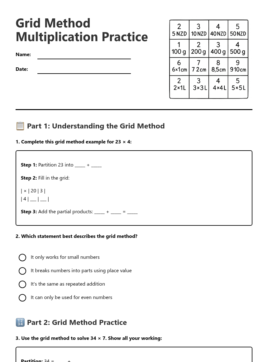 Grid Method Multiplication Practice — Free Printable Worksheet for ...
