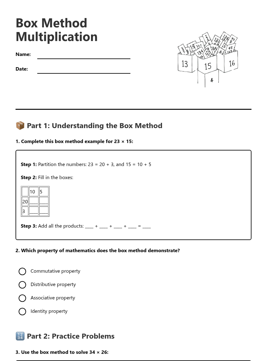 Box Method Multiplication — Free Printable Worksheet for Maths | Kuraplan