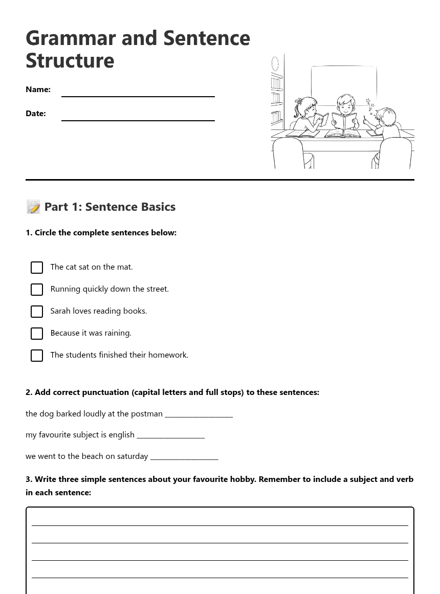 Grammar and Sentence Structure — Free Printable Worksheet | Kuraplan