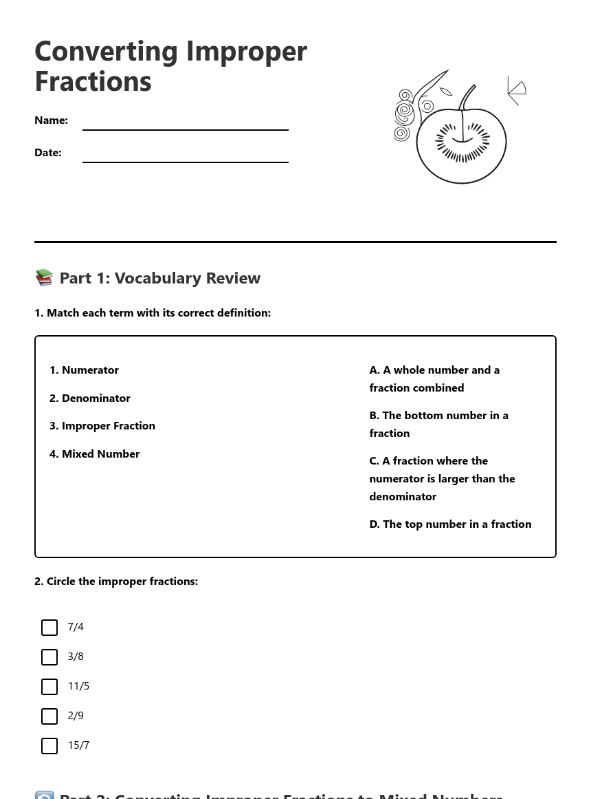 Converting Improper Fractions — Free Printable Worksheet | Kuraplan