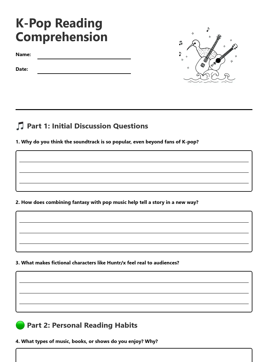 K-Pop Reading Comprehension — Free Printable Worksheet | Kuraplan