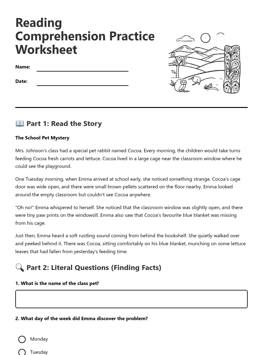 Reading Comprehension Practice Worksheet — Free Printable Worksheet for ...