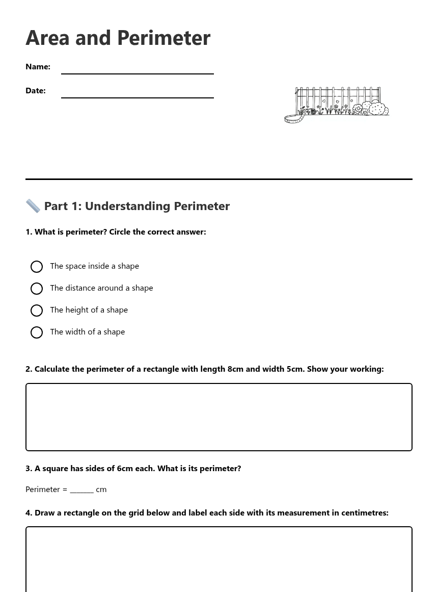 Area and Perimeter — Free Printable Worksheet for Maths | Kuraplan